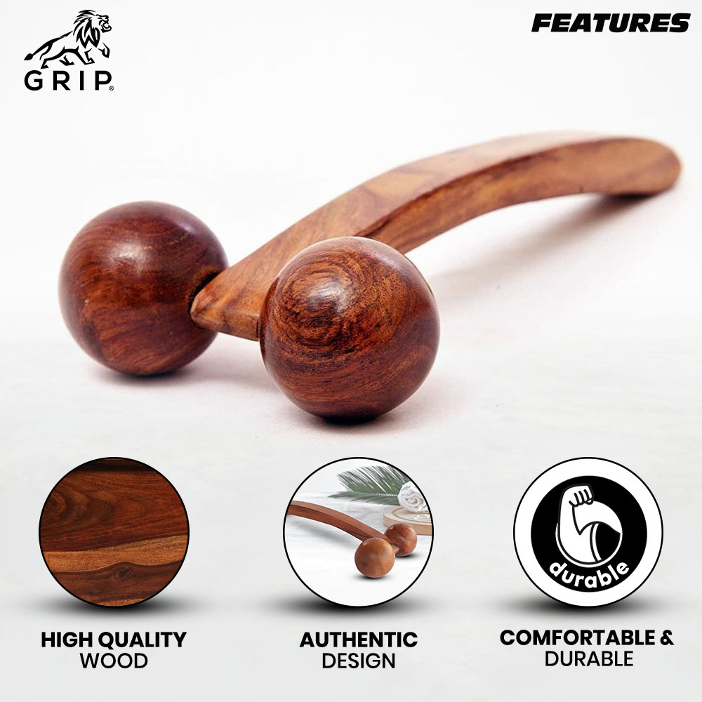 Grip Wooden Body Massager with 2 Ball Roller and Long Handle, For ...